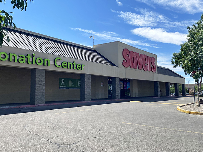 Savers in winter mode still beckons treasure hunters. That big red sign is like a lighthouse for thrift enthusiasts