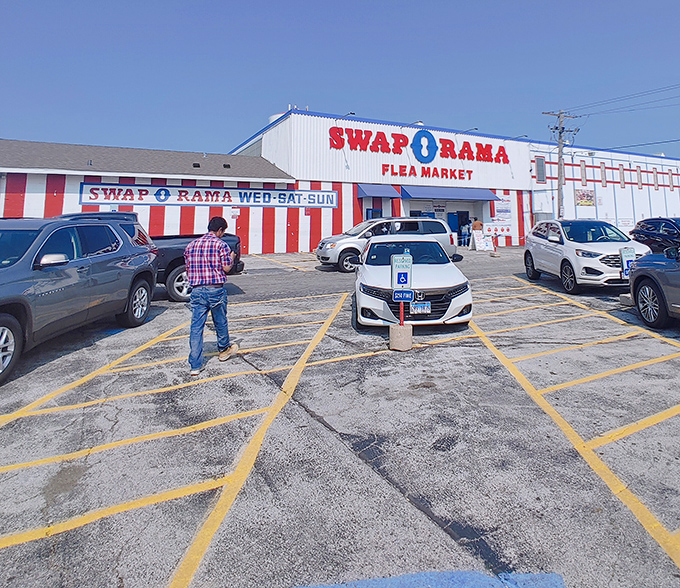 Swap-O-Rama's distinctive fa&ccedil;ade stands like a beacon to bargain hunters, promising adventures in every aisle.