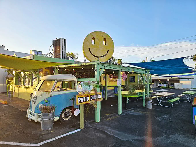 That giant smiley face isn't lying&mdash;you'll be grinning too after trying their no-frills seafood tacos on this cheerful patio.