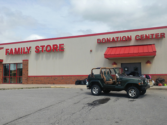 A Jeep parked outside the donation center &ndash; someone's about to trade their old treasures for someone else's new discoveries!