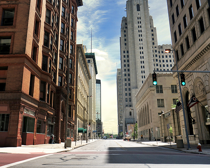 The impressive Toledo skyline reaches for the clouds, a Midwest Manhattan with its own architectural story to tell.