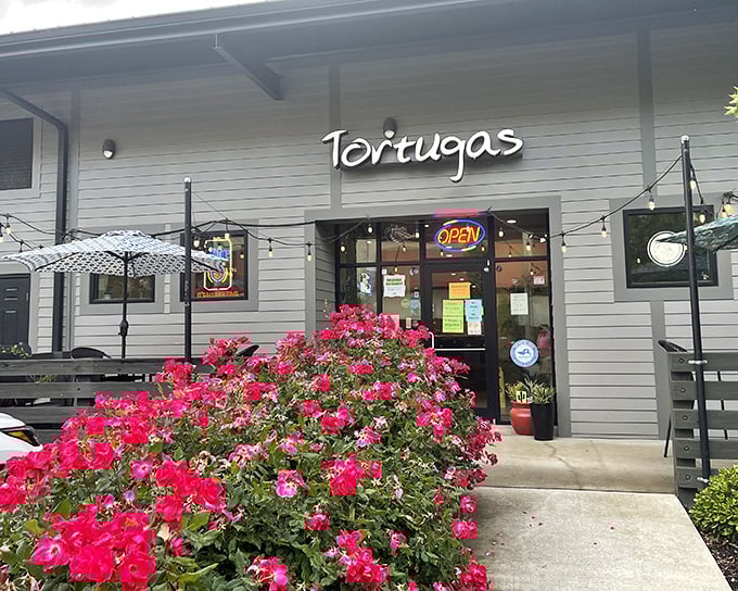 The neon "OPEN" sign glows like a beacon for pizza pilgrims seeking Tortugas' deep-dish delights amid a garden of crimson blooms.