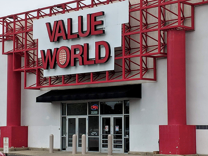 That bold red signage isn't just for show&mdash;it's a beacon calling to thrift enthusiasts everywhere. Treasures await inside!