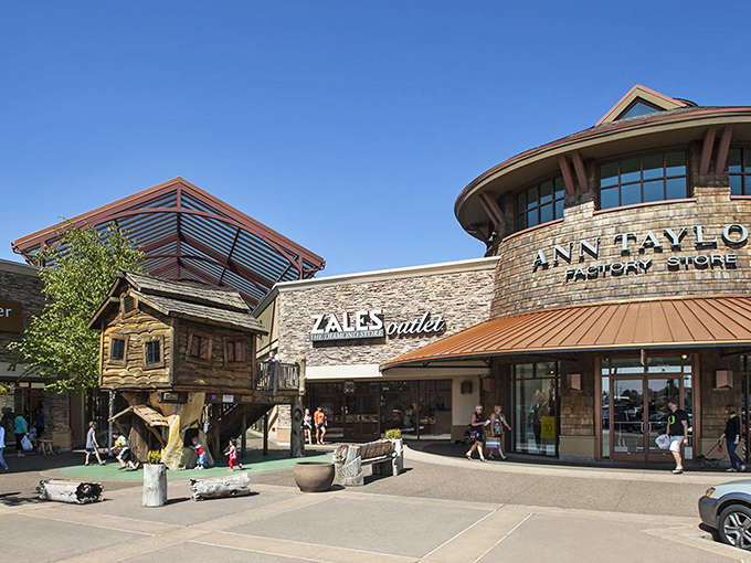 Stone and timber architecture meets retail therapy - where Pacific Northwest style embraces your shopping dreams.