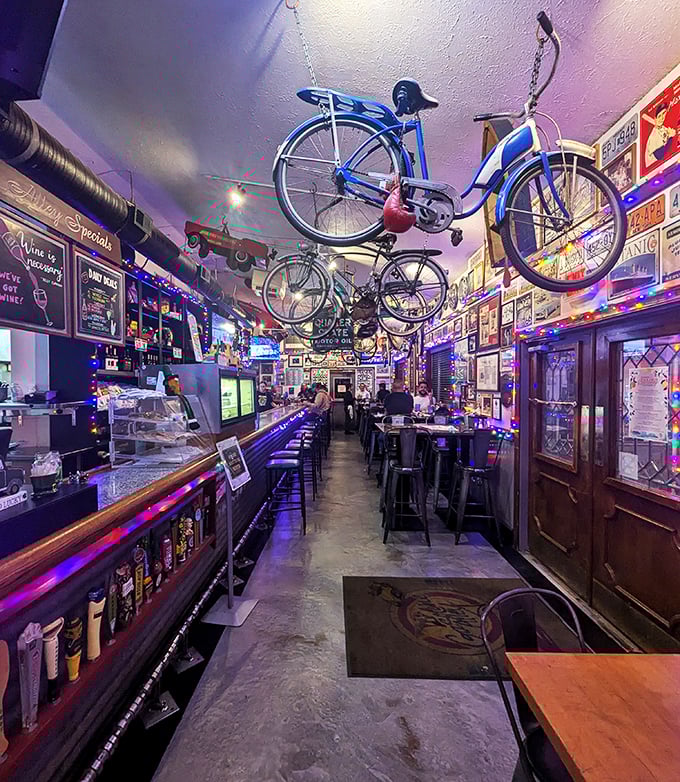 Bicycles suspended from the ceiling create a whimsical wonderland. It's like dining inside the imagination of someone who loves both great food and vintage Americana.