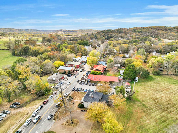 From above, Leiper's Fork reveals its true nature: a perfect little hamlet nestled in Tennessee's rolling countryside like a pearl in velvet.