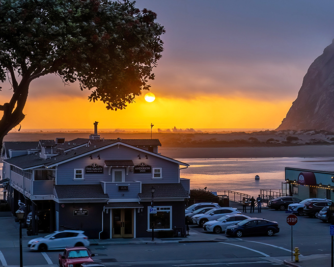 Sunset transforms the Embarcadero into a golden postcard moment, where seafood restaurants and shops bask in California's magical evening light.