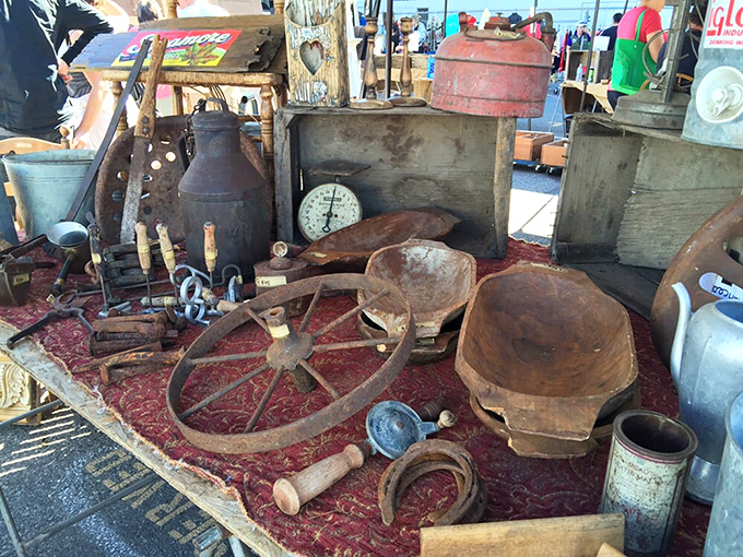 Rustic wooden bowls and weathered farm tools tell silent stories of bygone eras. Each dent and scratch is a chapter of American history.