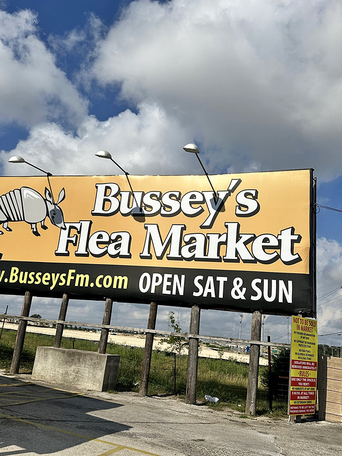 That iconic yellow armadillo sign against the Texas sky&mdash;like a beacon calling to bargain hunters and nostalgia seekers alike.