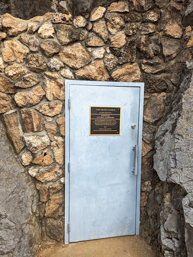 The unassuming entrance to wonderland. This metal door might look like a utility closet, but it's actually a portal to an underground cathedral 250 million years in the making.