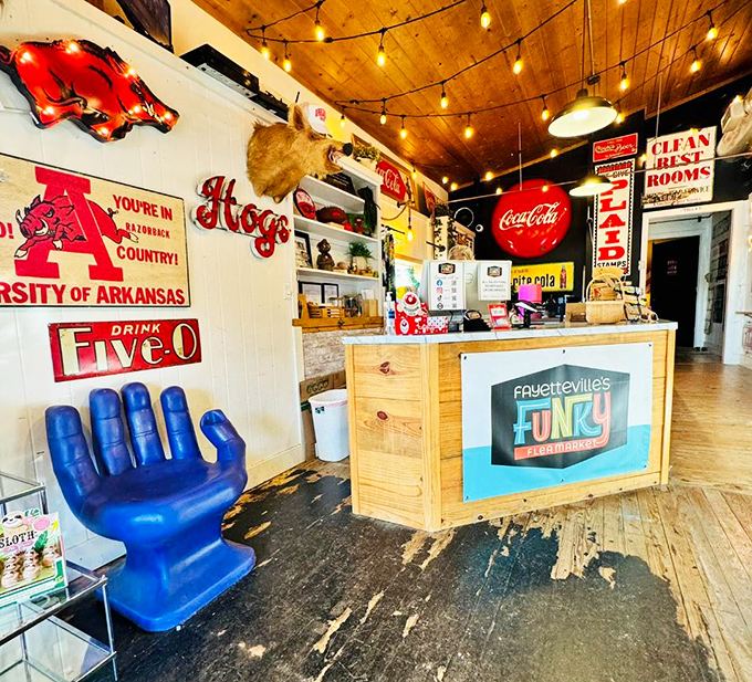 Razorback pride meets vintage Americana at the check-out counter. That blue hand chair? It's begging you to take a seat and stay awhile.
