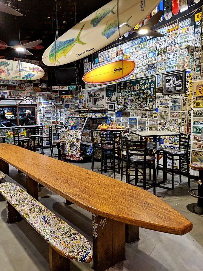 Surfboards suspended from the ceiling and license plates plastering every wall &ndash; this isn't d&eacute;cor, it's a half-century love letter to California surf culture.