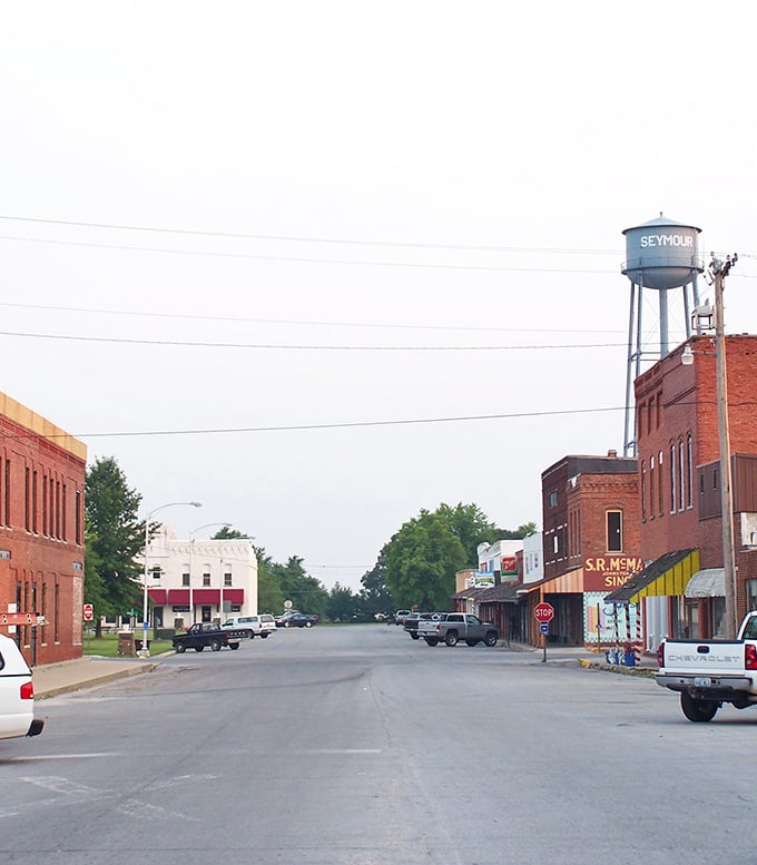 Downtown Seymour stands proudly beneath its iconic water tower, brick buildings telling stories of generations past while still serving the community today.