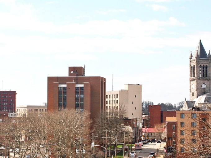 The city skyline showcases Uniontown's architectural timeline, from historic clock towers to mid-century buildings. A perfect backdrop for your next "look at this charming town" social media post.