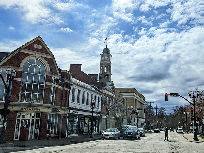 The iconic clock tower stands sentinel over downtown Chagrin Falls, where modern life moves at a refreshingly unhurried, pre-smartphone pace.