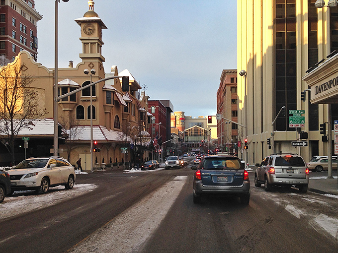 Winter in downtown Spokane brings a magical quality to the streets, where the historic clock tower keeps watch over a city that knows how to handle real seasons.