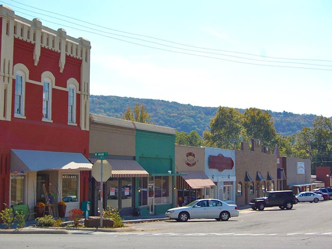Colorful storefronts line downtown Heber Springs, where time moves slower and shop owners still remember your name and favorite purchase.