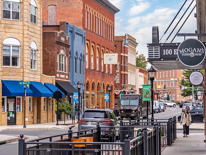 Colorful historic buildings line Plaza Street, where local shops welcome you by name instead of with automated phone systems.