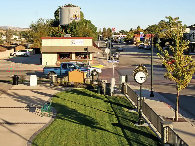 Downtown Tehachapi's town clock stands sentinel over streets where parking is still free and neighbors actually wave hello.