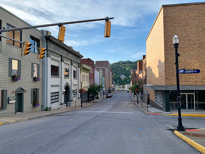 Ramsay Street offers a glimpse into Bluefield's well-preserved downtown, where hanging flower baskets add charm to historic storefronts.