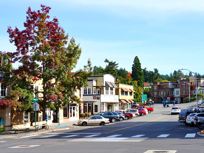 Fall colors frame Friday Harbor's downtown, where charming buildings house everything from artisanal ice cream shops to bookstores that'll make you want to cancel your ferry home.