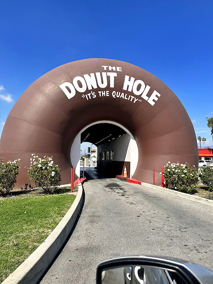 The entrance beckons like a portal to a sweeter dimension. Driving through this giant donut might be California's most delicious commute.
