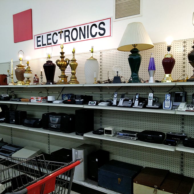 The electronics section: where yesterday's cutting-edge technology finds new purpose. That VCR might be obsolete, but those vintage lamps are eternally stylish.