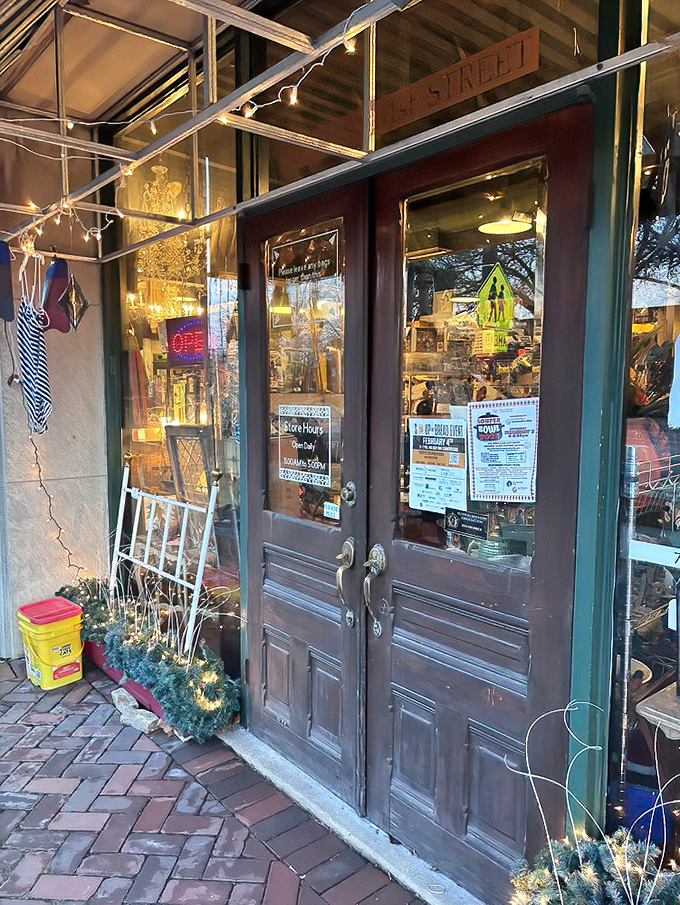 Those vintage wooden doors aren't just an entrance&mdash;they're a time portal to decades past, complete with twinkling lights hinting at wonders within.