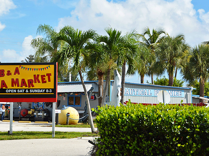 Florida sunshine meets bargain hunting beneath swaying palms at the B&A Market entrance, where weekend adventures begin promptly at 8 AM. 