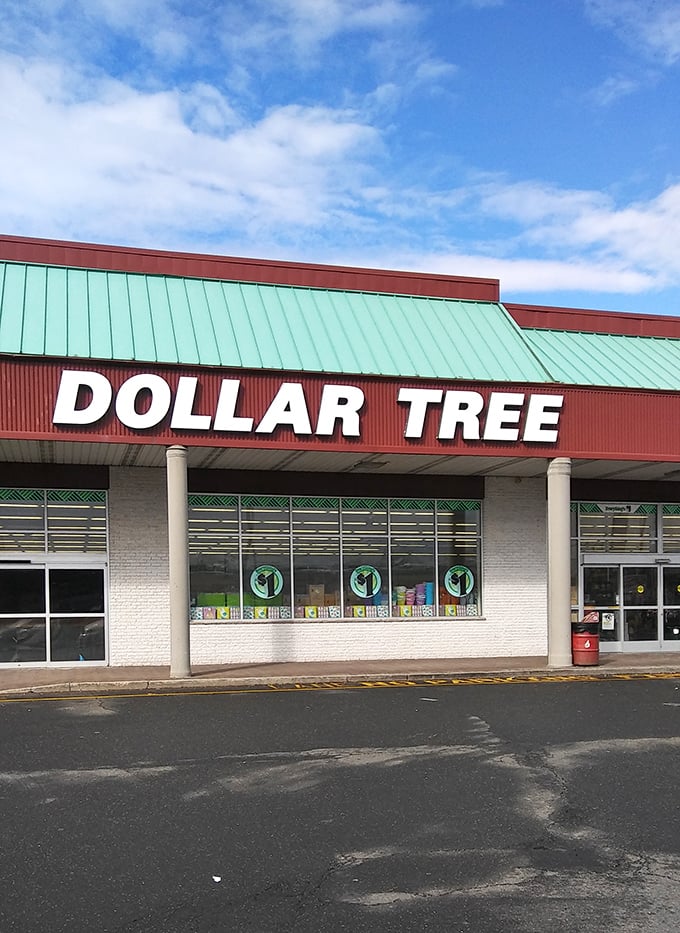 Blue skies frame the Dollar Tree entrance, like nature itself is highlighting this temple of thriftiness for budget-conscious New Jerseyans.