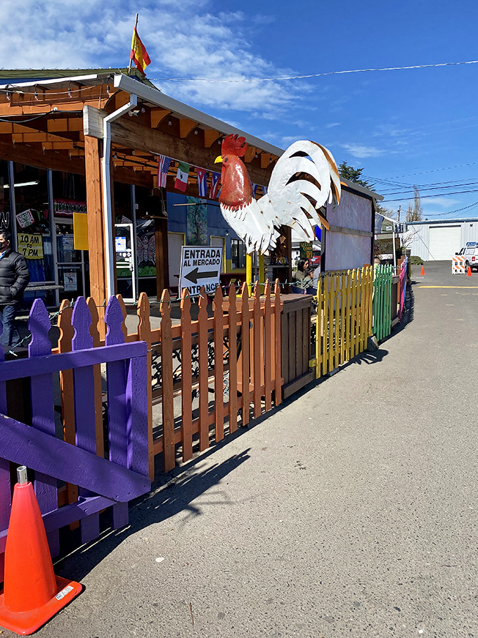A giant rooster guards the entrance like a proud sentinel, while rainbow-colored fence pickets invite you into this world of cultural treasures and unexpected finds.
