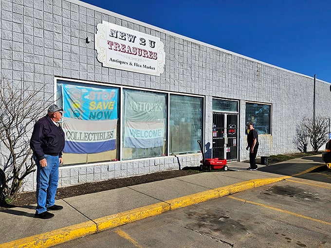 The sign says it all&mdash;antiques and flea market treasures await behind these doors. Your wallet may be lighter, but your home will thank you.