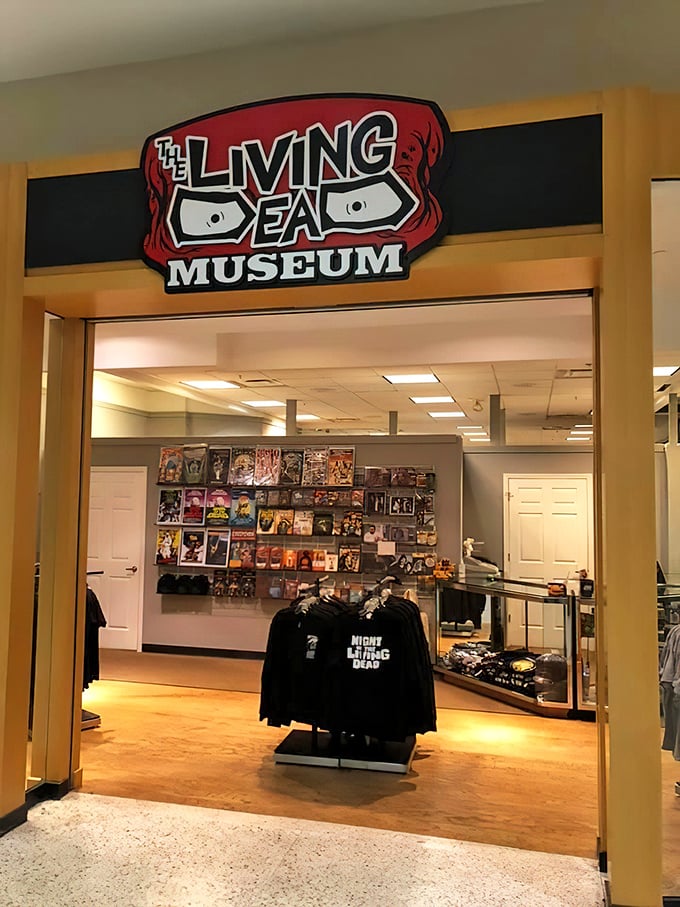 Step through these doors and leave the world of the living behind. The museum's entrance is your portal to zombie history.