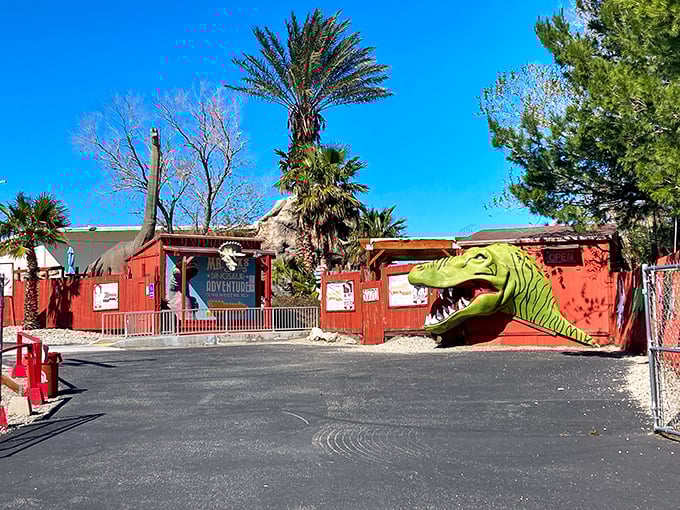 "Rawr" means "Welcome" in dinosaur language. This toothy entrance sets the tone for the whimsical adventure that awaits inside.