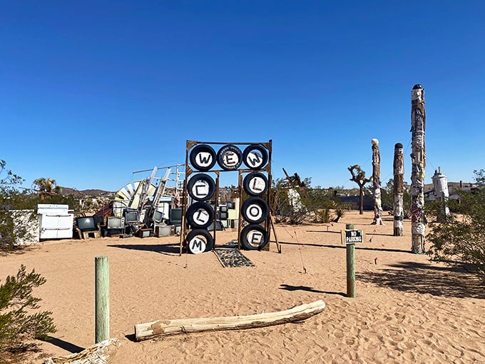 The welcome sign says it all&mdash;this isn't your grandmother's art gallery. Tires repurposed as letters create a greeting as warm as the desert sun.