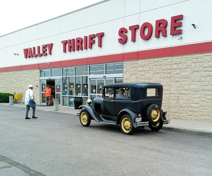 Where vintage meets value! Even classic cars make pilgrimages to Valley Thrift, perhaps hoping to find their long-lost hubcaps inside.