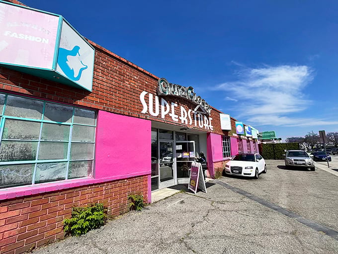 Sunshine highlights the "SUPERSTORE" signage, a promise this thrift shop delivers on with room after room of affordable finds.