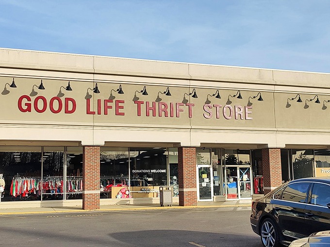Bold red letters announce a promise of discovery&mdash;the retail equivalent of a "Free Cake Inside" sign that actually delivers.