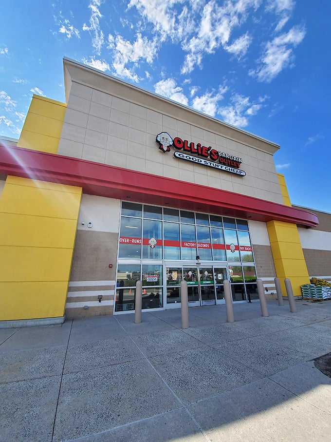 Bright blue skies frame the entrance to bargain paradise. Those sliding doors might as well be portals to a discount dimension.