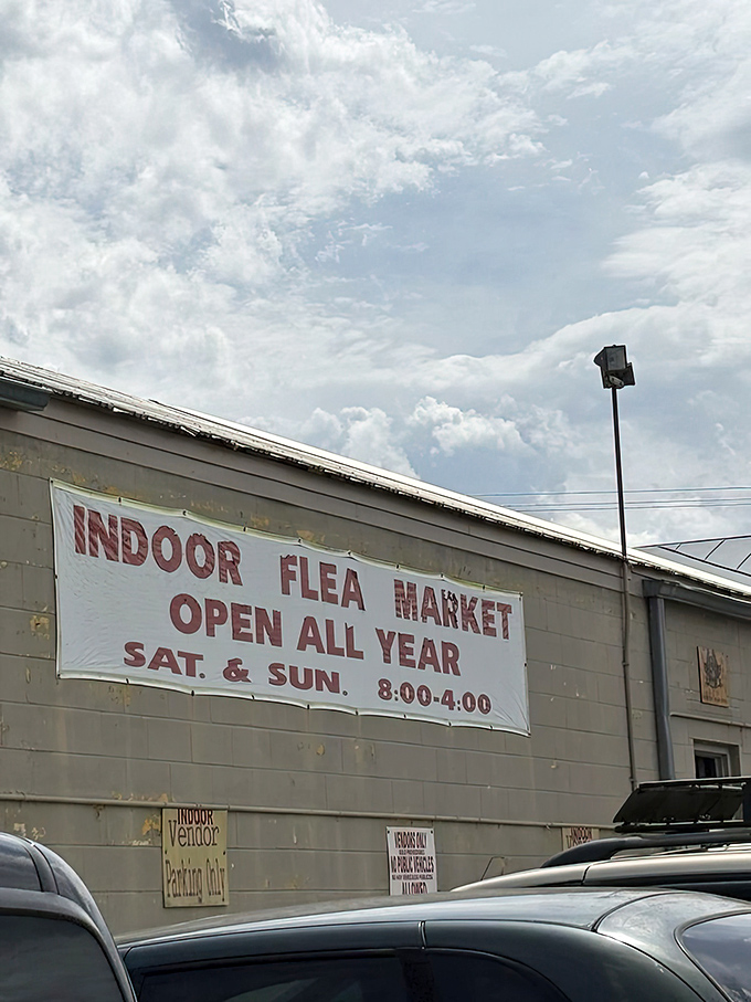 "INDOOR FLEA MARKET OPEN ALL YEAR" - the siren call to bargain hunters that promises climate-controlled antiquing regardless of Virginia weather.