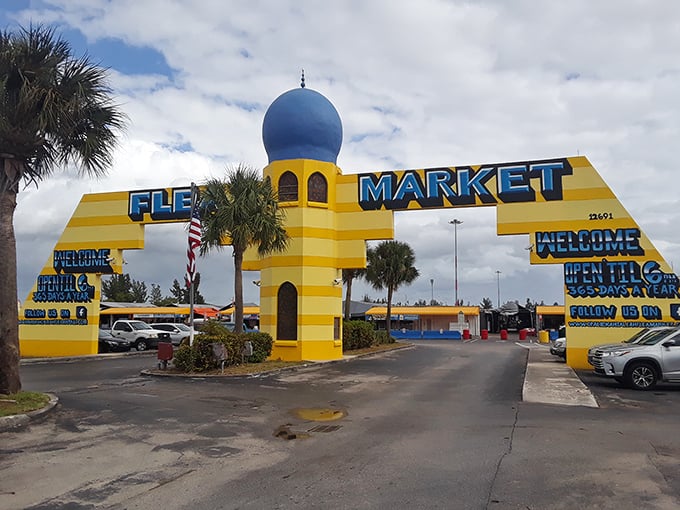 The market's distinctive blue-domed entrance arch welcomes bargain hunters with all the subtle understatement of a carnival barker on vacation in Miami.