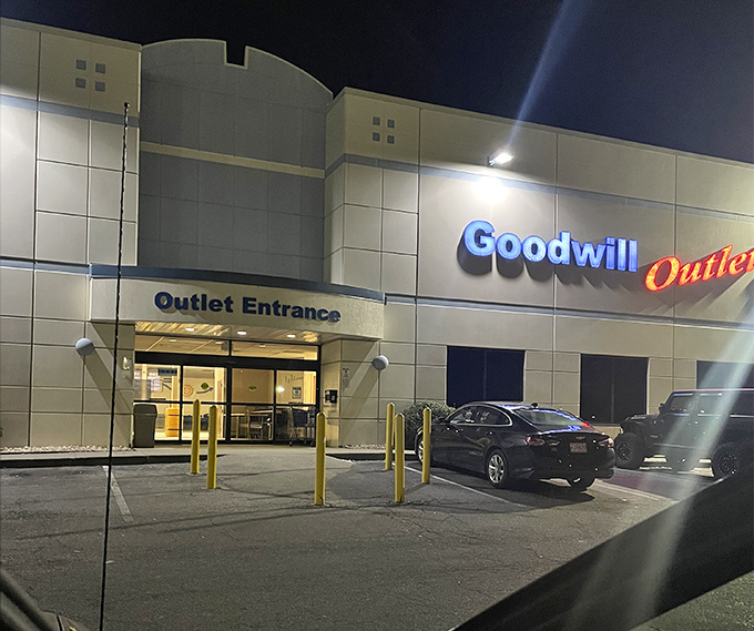 Night falls, but the treasure hunt continues at the Goodwill Outlet, where the real adventures begin after you step through those doors.
