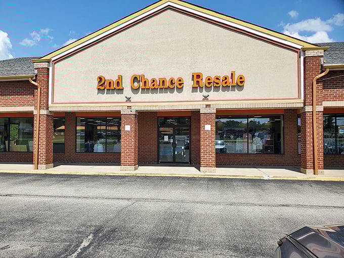 Blue skies frame this unassuming storefront, where behind those glass doors, retail magic happens daily. Your wallet will thank you.