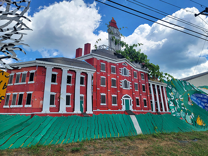 Americana reimagined! The historic Crawford County Courthouse gets a second life through cleverly arranged stop signs and speed limits, proving bureaucracy can be beautiful after all.