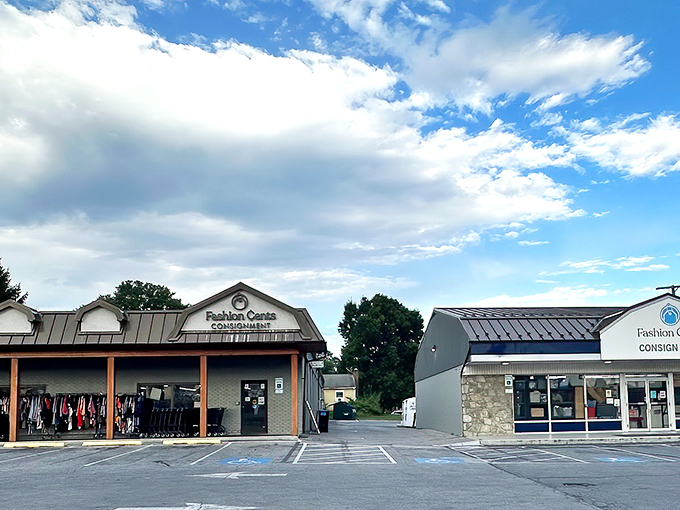 Two buildings, infinite possibilities. Fashion Cents has expanded over time, creating a secondhand empire where Amish buggies and tourists' rental cars share parking spaces.
