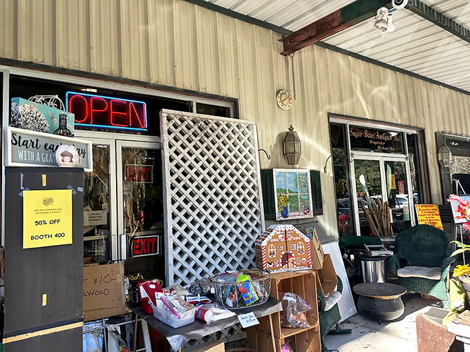 The neon "OPEN" sign might as well say "ADVENTURE AWAITS." Vintage lattice and weathered treasures spill outward, unable to contain their stories.