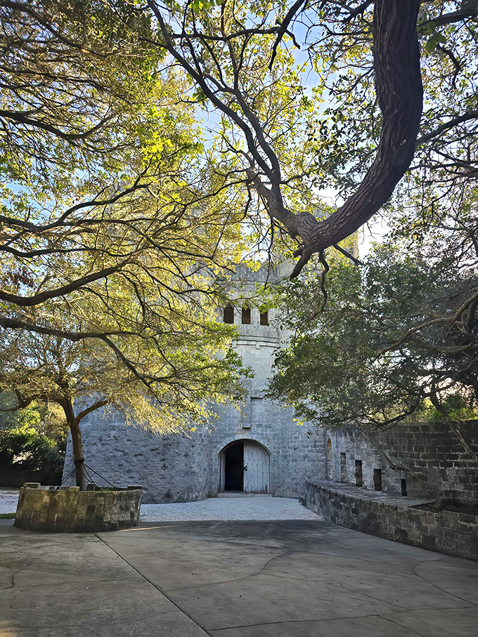 Nature frames this medieval vision perfectly, with Florida greenery embracing stone walls that seem transported from the Irish countryside.