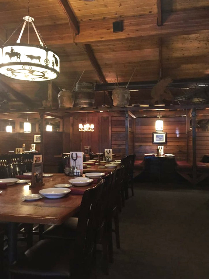 Rustic wooden walls and wagon wheel chandeliers transport you to the Old West. John Wayne would approve of both the d&eacute;cor and the meat selection.