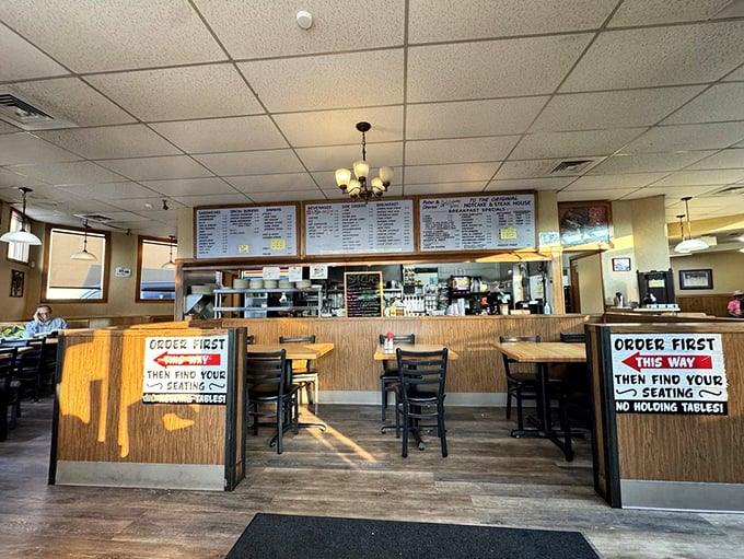 Step inside and the rules are clear: order first, then find your seat. No table-holding shenanigans in this breakfast democracy.