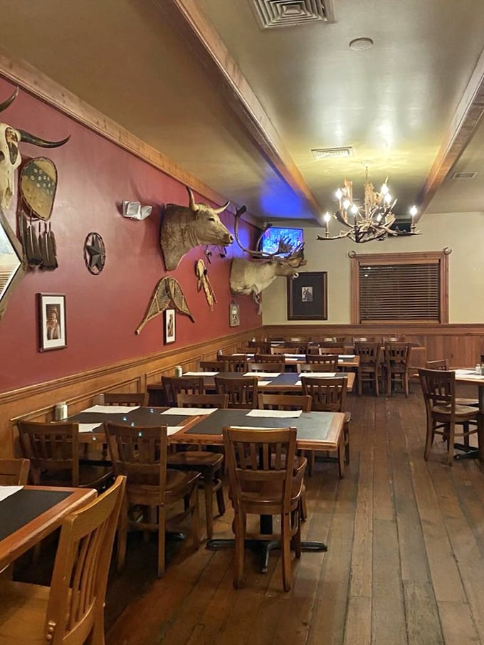 Mounted trophies watch over diners like silent sentinels of quality control. That steer has seen thousands of perfect meals from his wall perch.